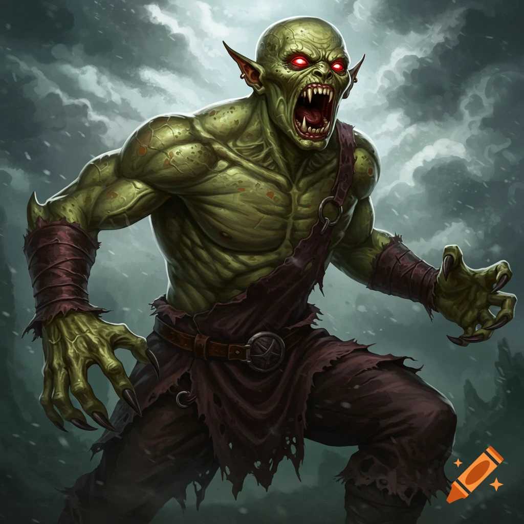 A green monster with red eyes and sharp teeth lunges forward against a ...