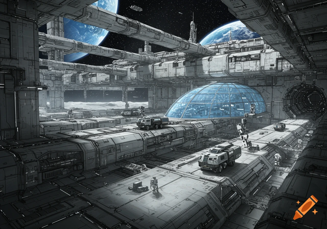 Futuristic megastructure on the moon with robots and vehicles under a ...