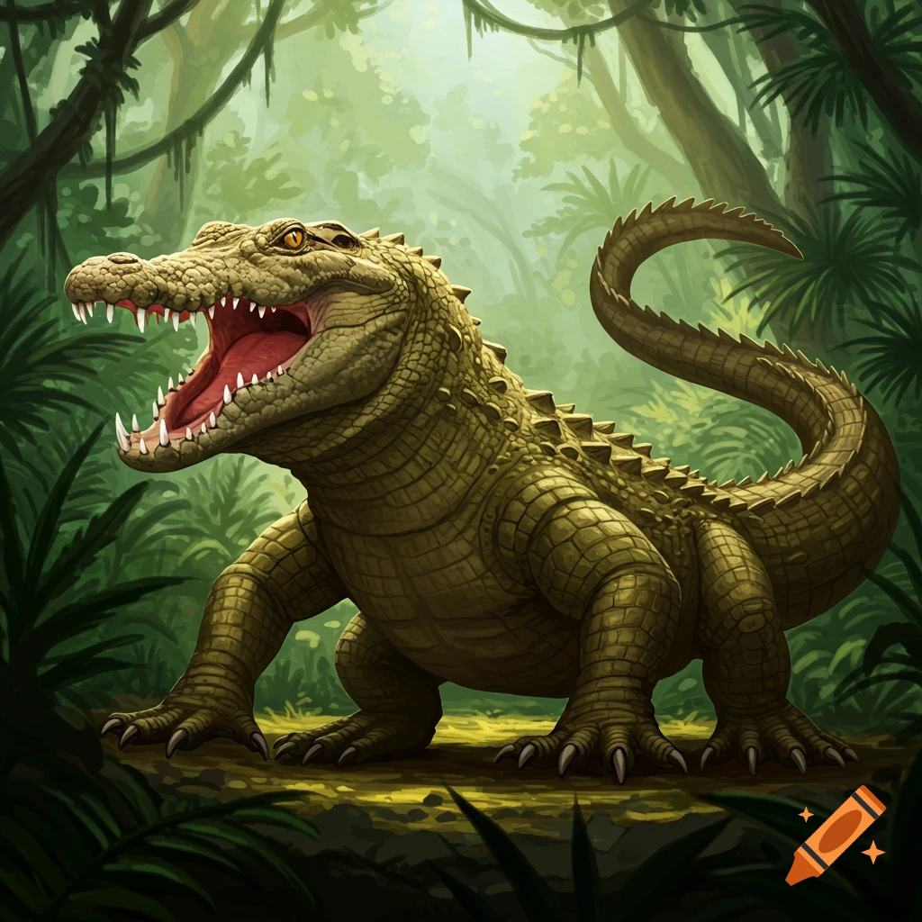 A crocodile and komodo dragon mix creature stands with its mouth open ...