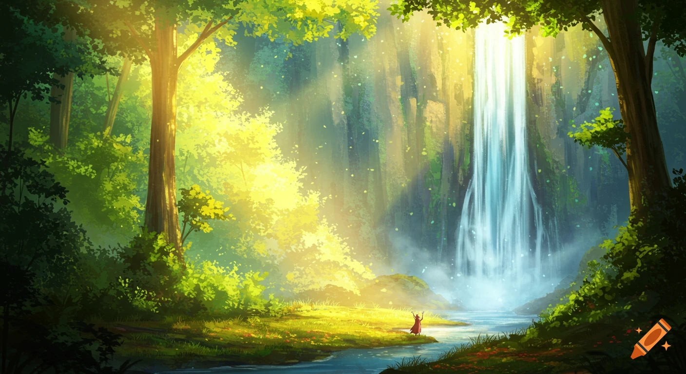 A sunny forest clearing with a large waterfall cascading down rocks. A ...