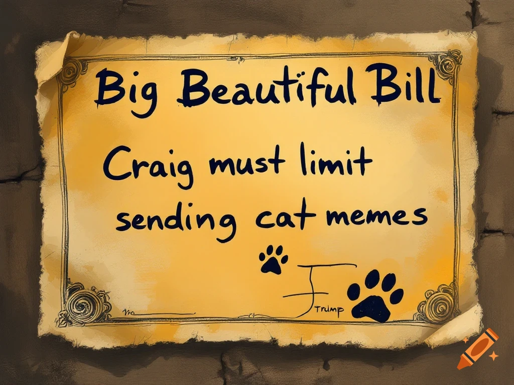 A sign reading 'Big Beautiful Bill. Craig must limit sending cat memes ...