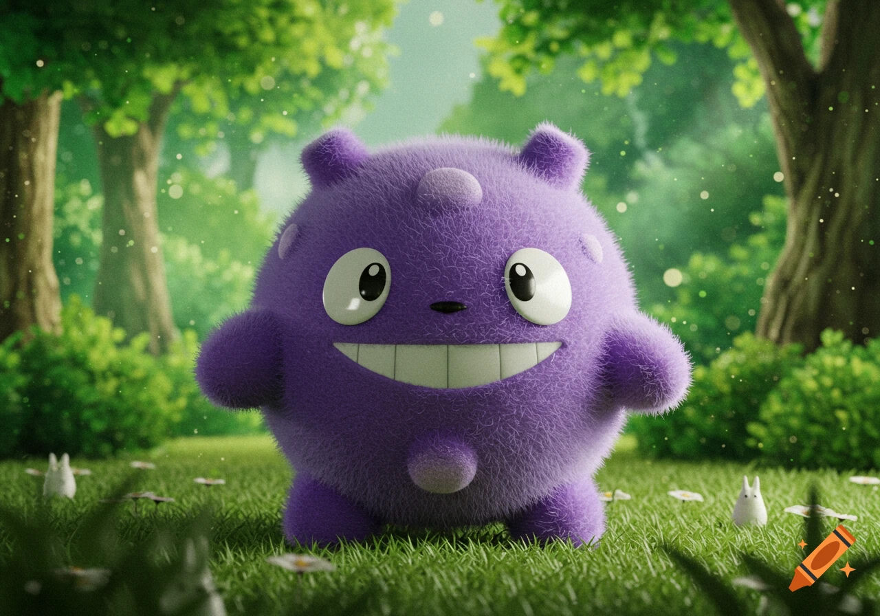 A fluffy purple creature with a wide smile stands in a lush forest ...