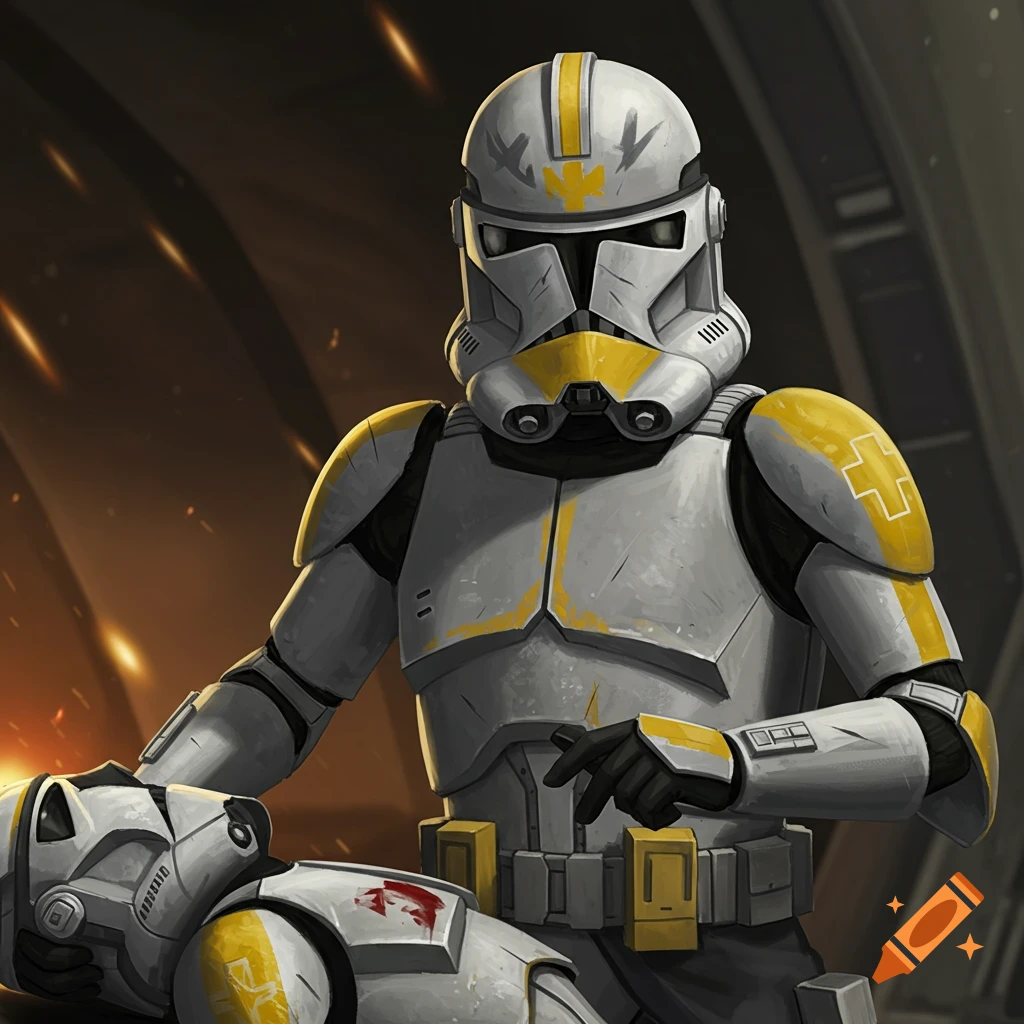 Clone trooper looks down at a fallen clone trooper, 2009 Clone Wars ...