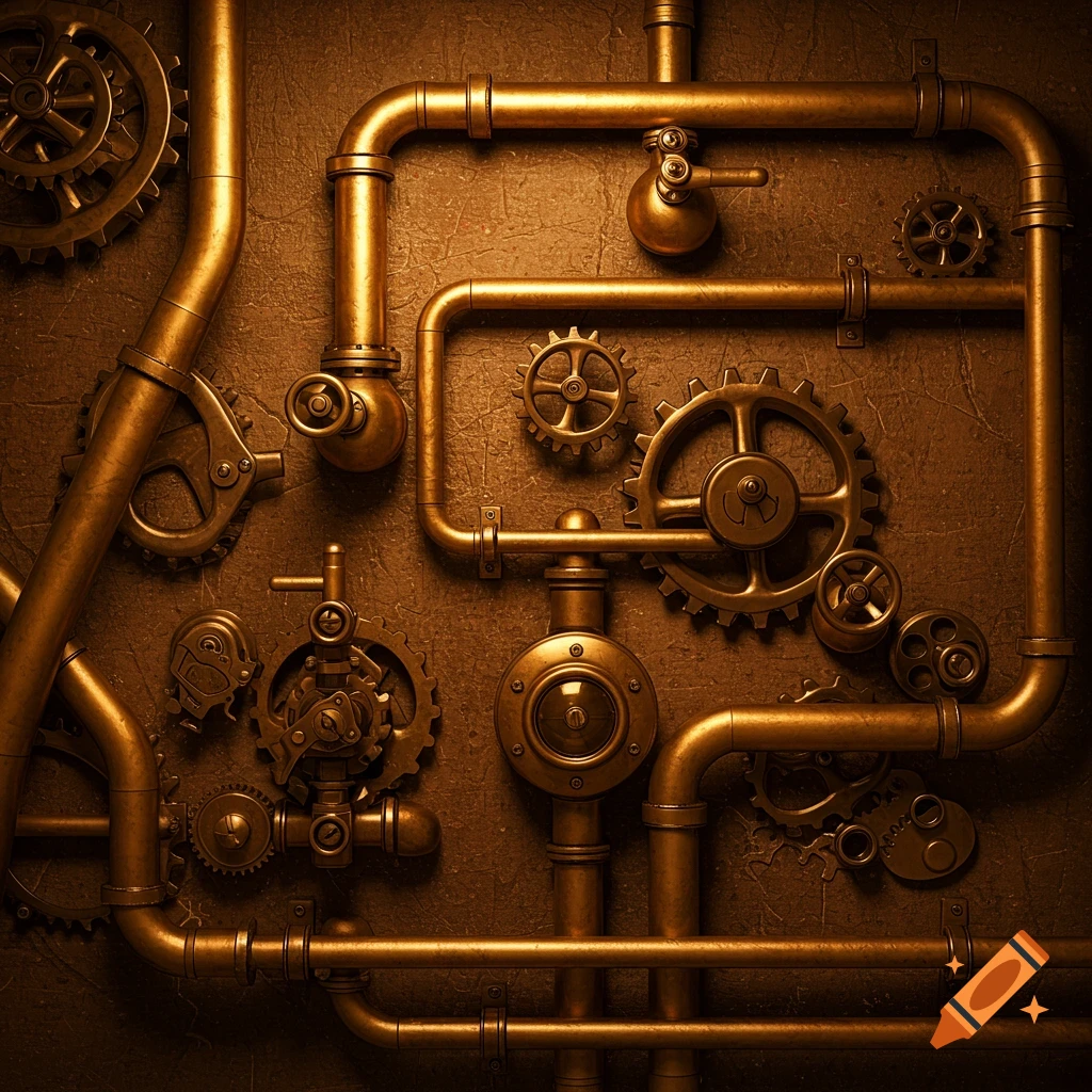 Steampunk wall with bronze pipes, gears, and valves. on Craiyon