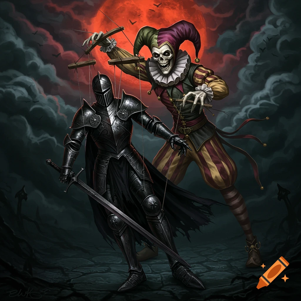 A skeleton jester puppets a dark knight against a red moon and stormy ...