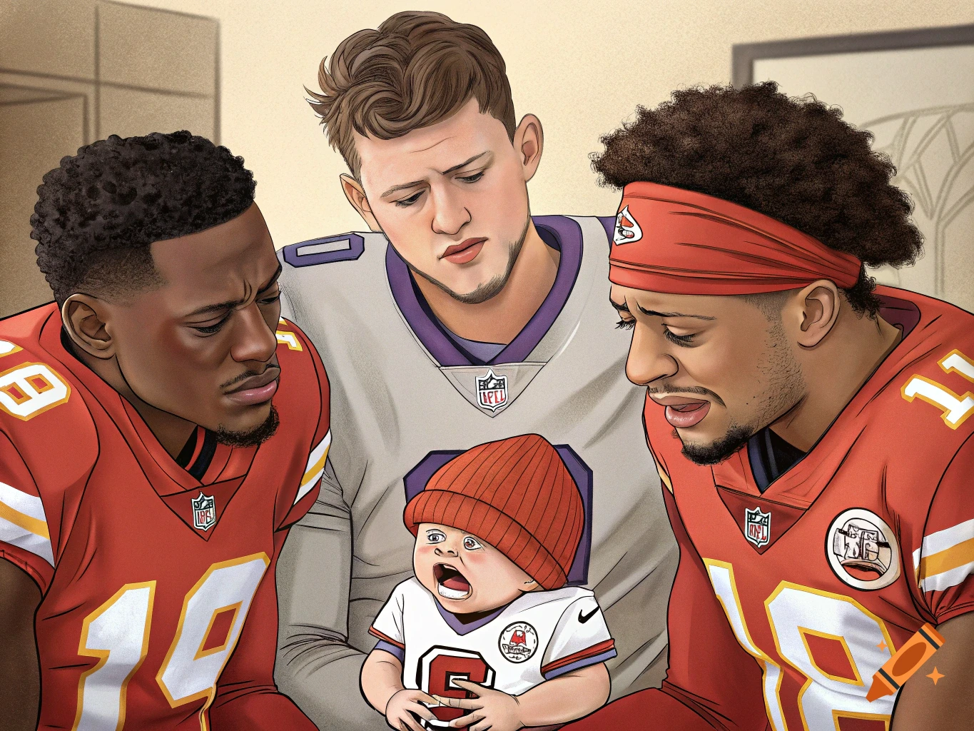 Illustration of three football players looking down at a crying baby ...