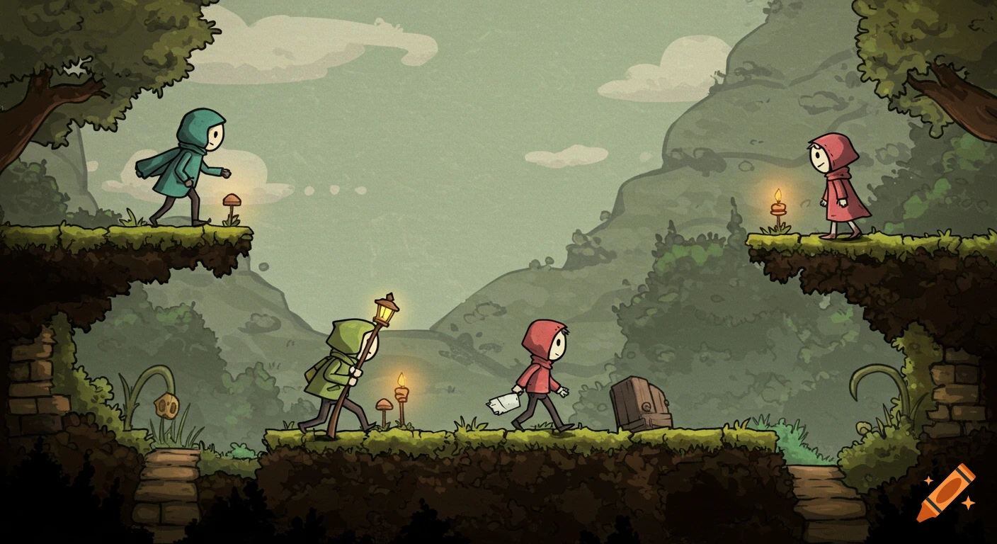 A stylized 2D platformer game scene with small characters walking on platforms in a forest ...