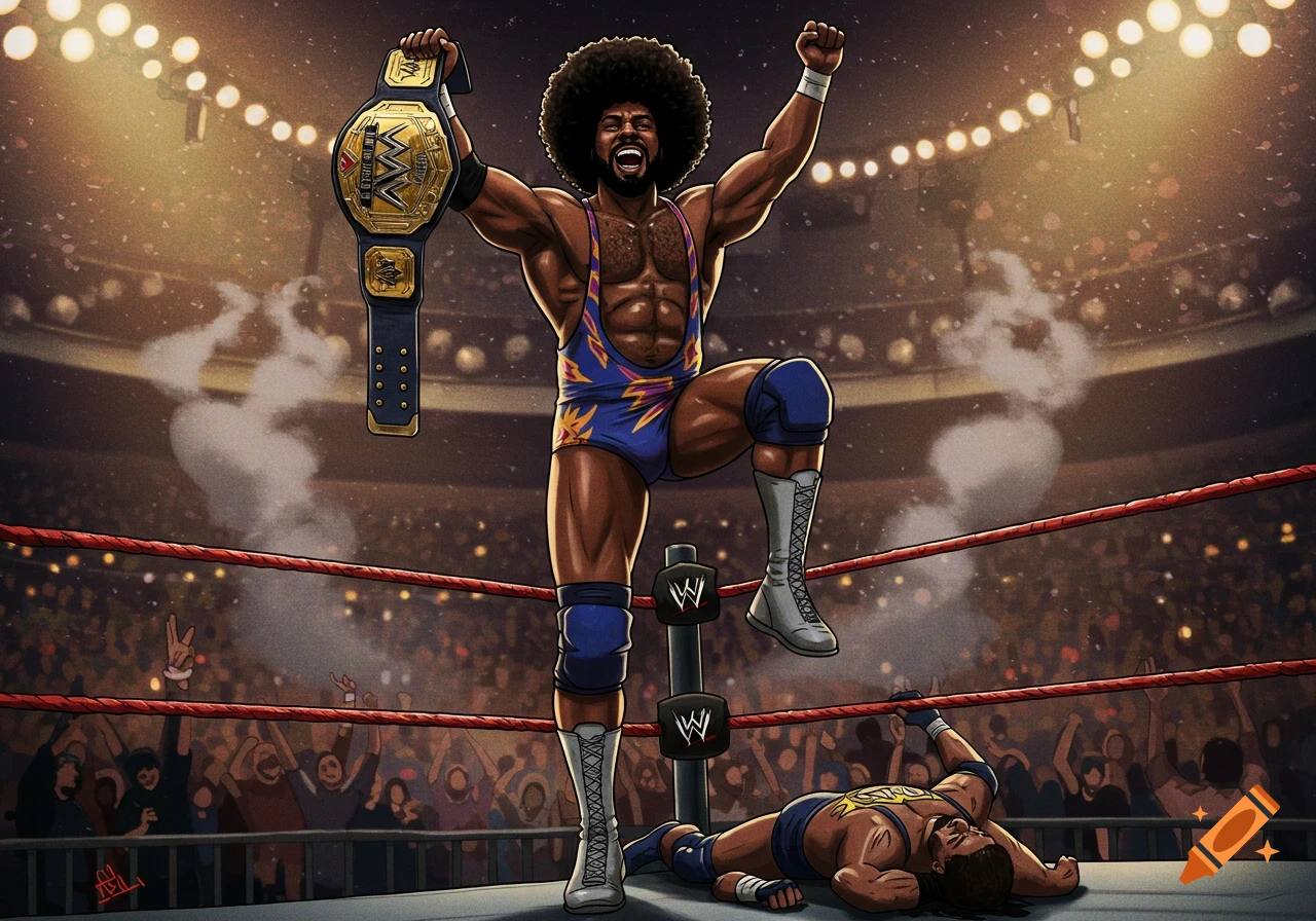 Stylized illustration of a black wrestler holding a championship belt ...