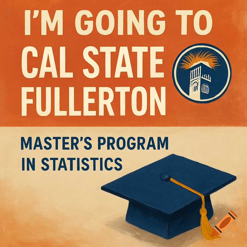 Announcement graphic with text 'I'M GOING TO CAL STATE FULLERTON MASTER ...