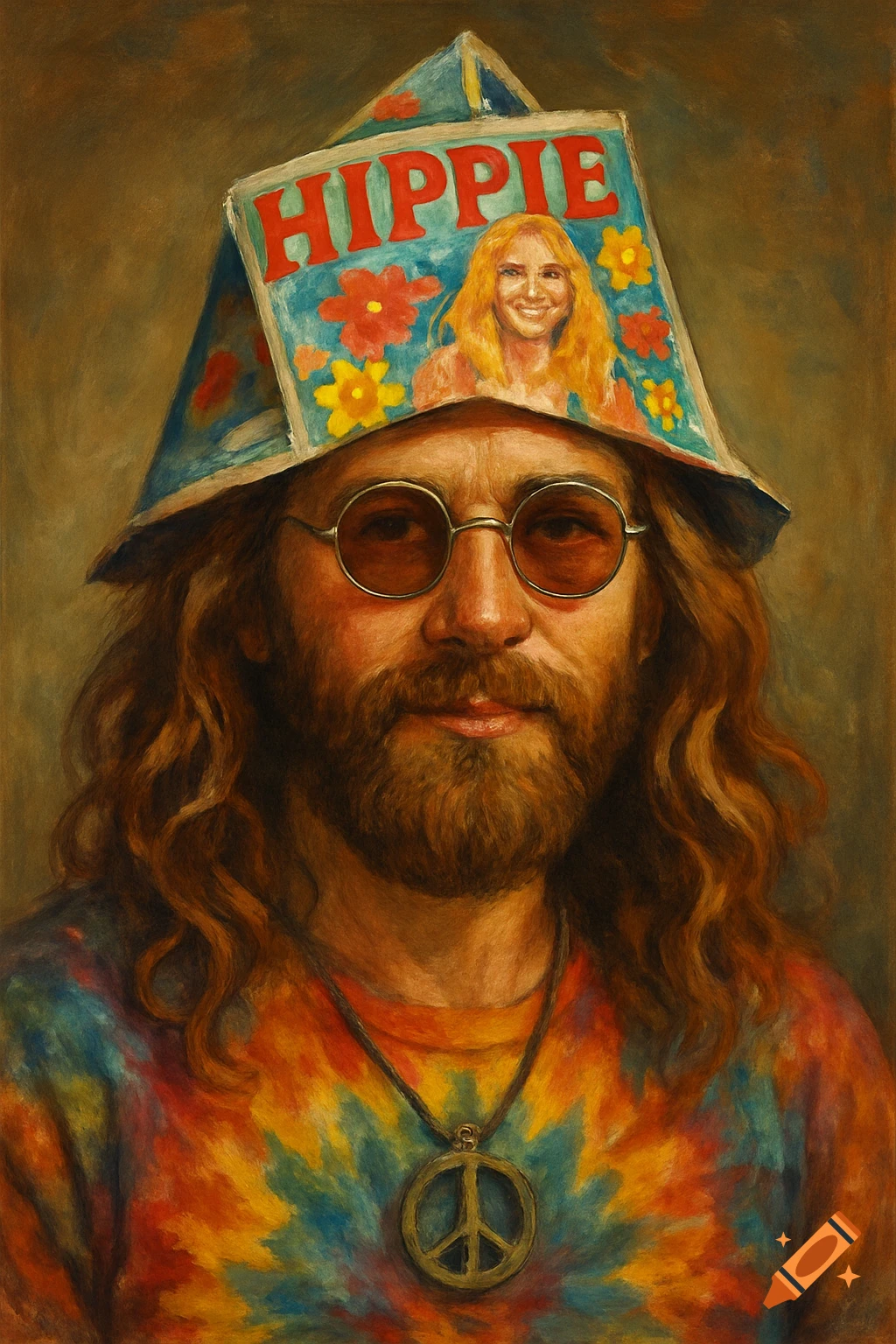 Portrait of a hippie man in a tie-dye shirt, peace sign necklace, and a ...