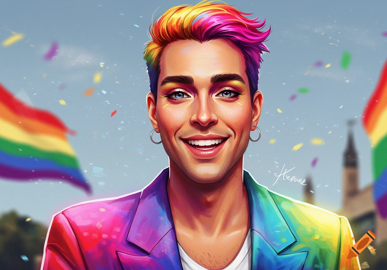Smiling person with rainbow hair and jacket at a celebration with ...