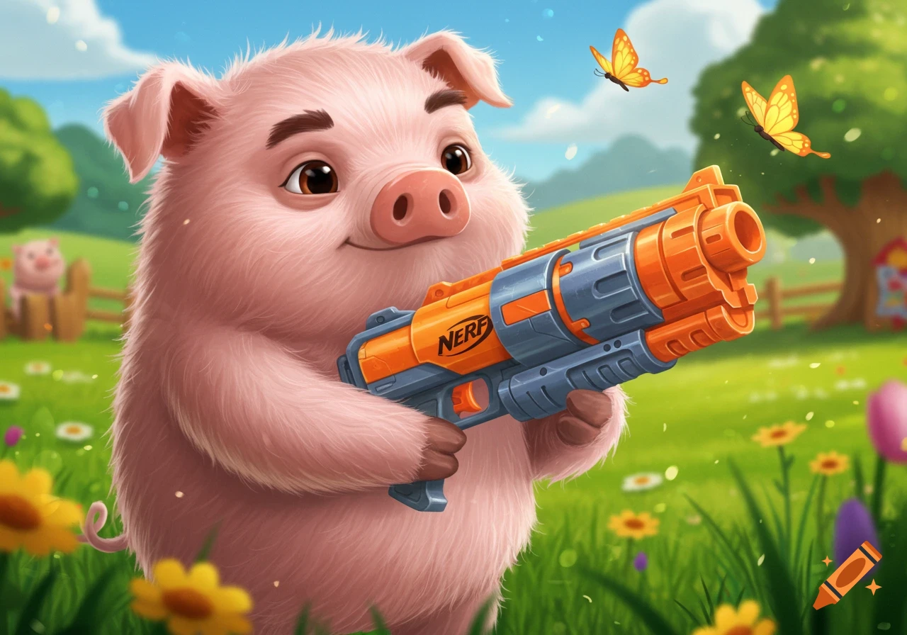 Cartoon pig holding a Nerf toy gun in a grassy field with flowers and ...