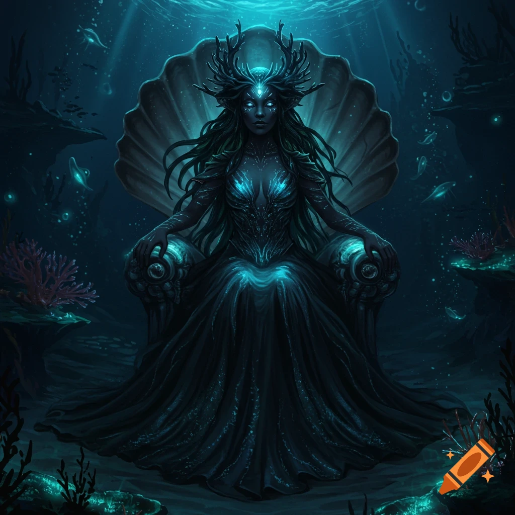 Dark fantasy illustration of an underwater queen on a throne in the ...