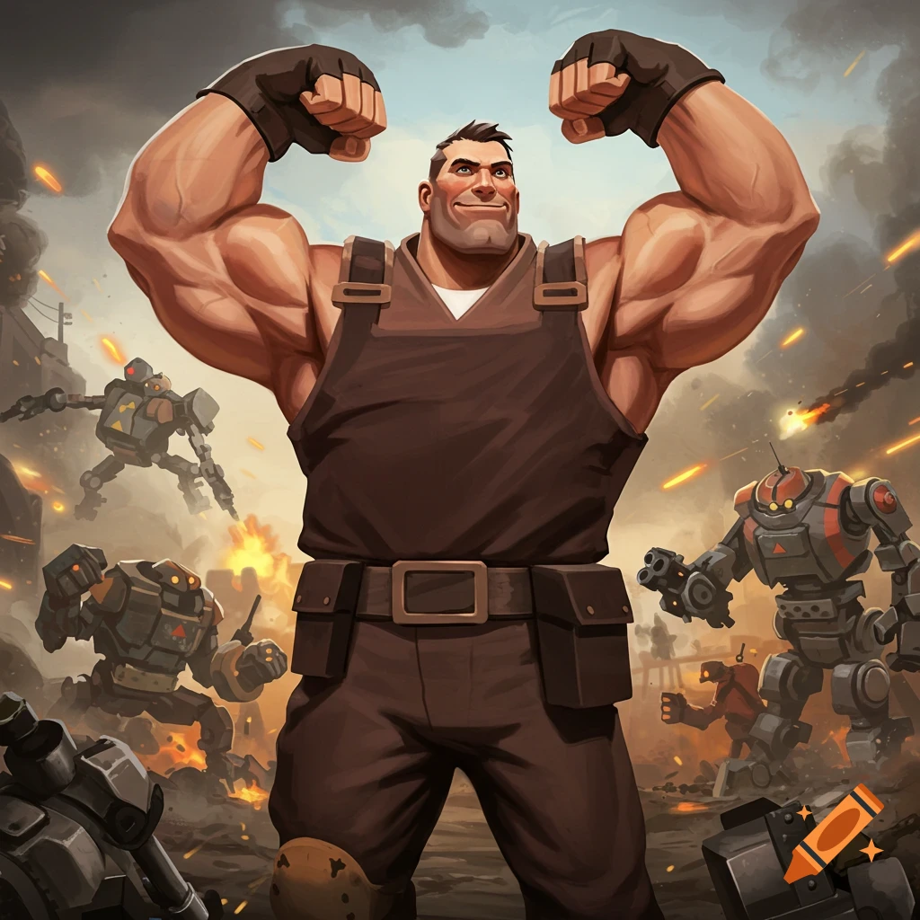 Buff man flexing biceps in a stylized robot battle scene. on Craiyon