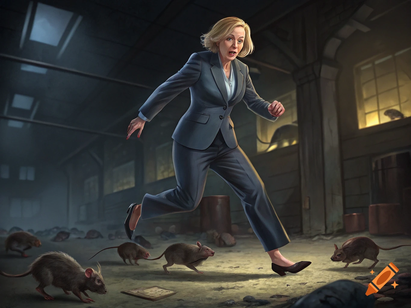 Woman in a suit running from rats in a dark cellar. on Craiyon