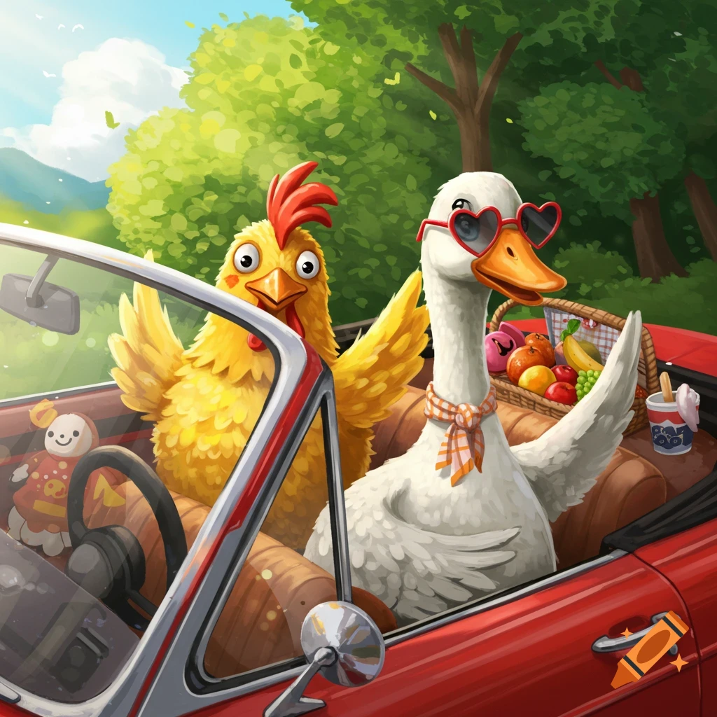 A cartoon chicken and a goose in sunglasses drive a red convertible ...