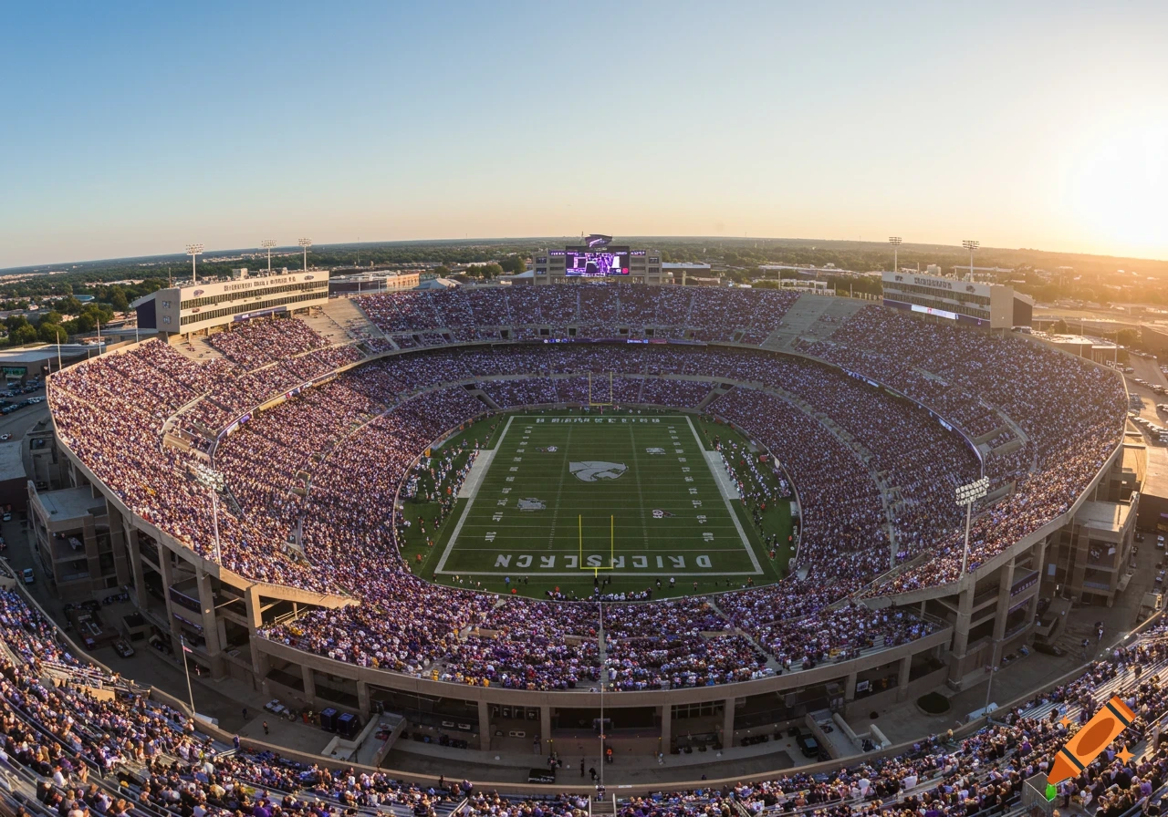 Aerial view of a crowded football stadium during a game at sunset on ...