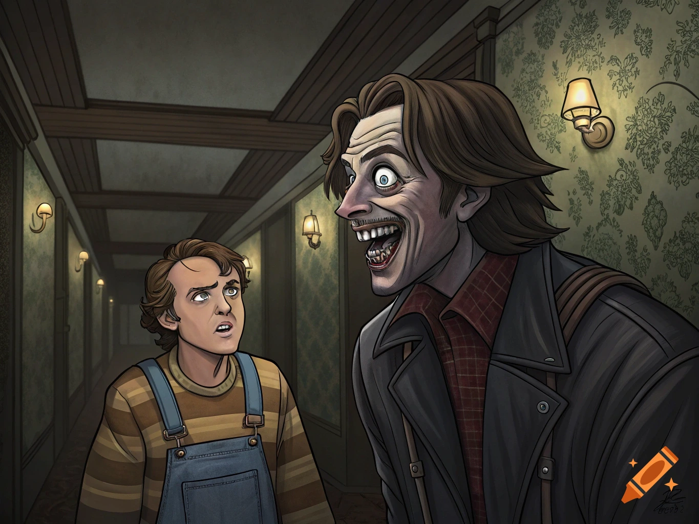 Scared boy looking at a creepy man in a hotel hallway, cartoon horror ...