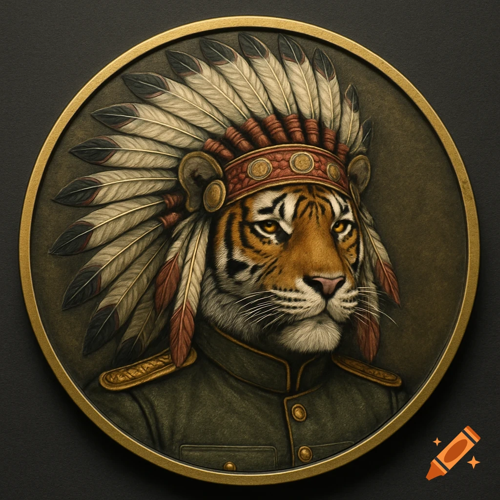 A tiger wearing a Native American chief headdress and military uniform ...