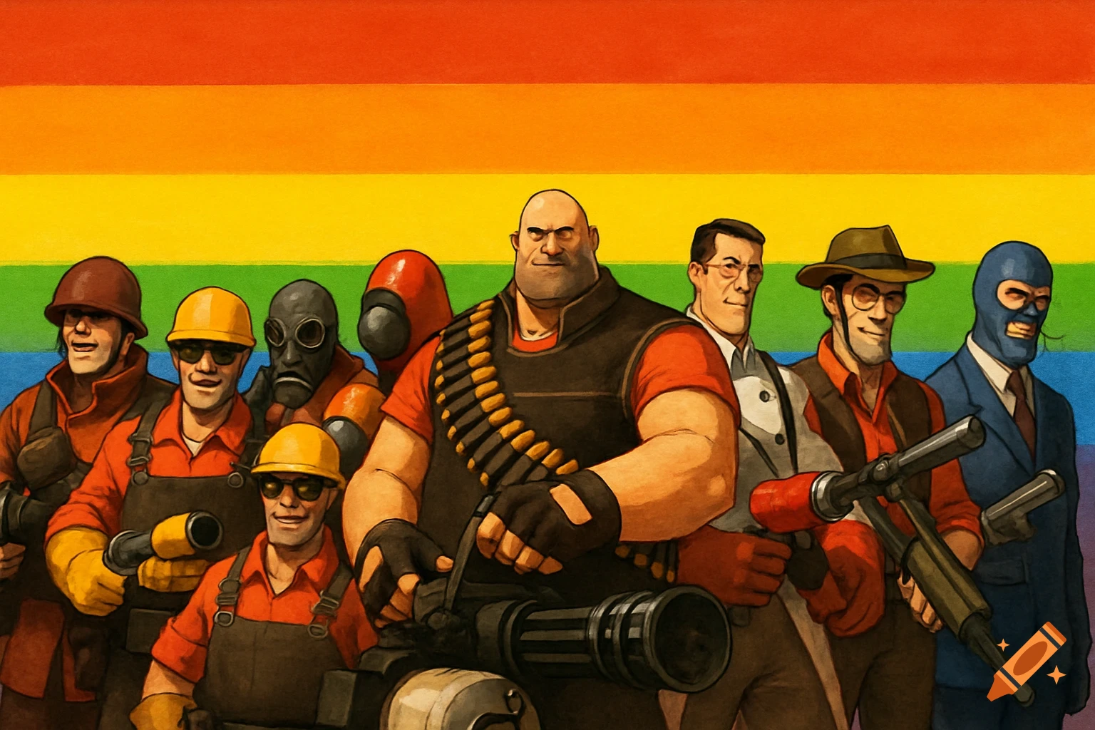 Team Fortress characters stand in front of a rainbow flag in a ...