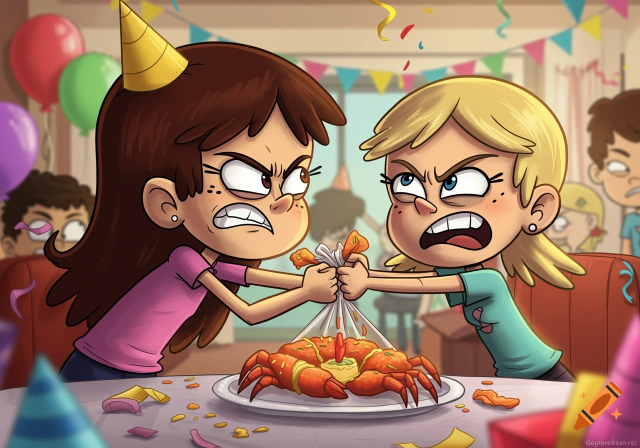 Two angry cartoon girls fight over a crab feast at a birthday party on ...