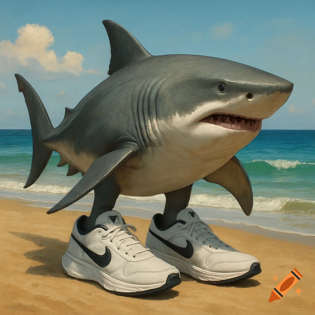 A shark wearing white running shoes walks on a sandy beach with the ...