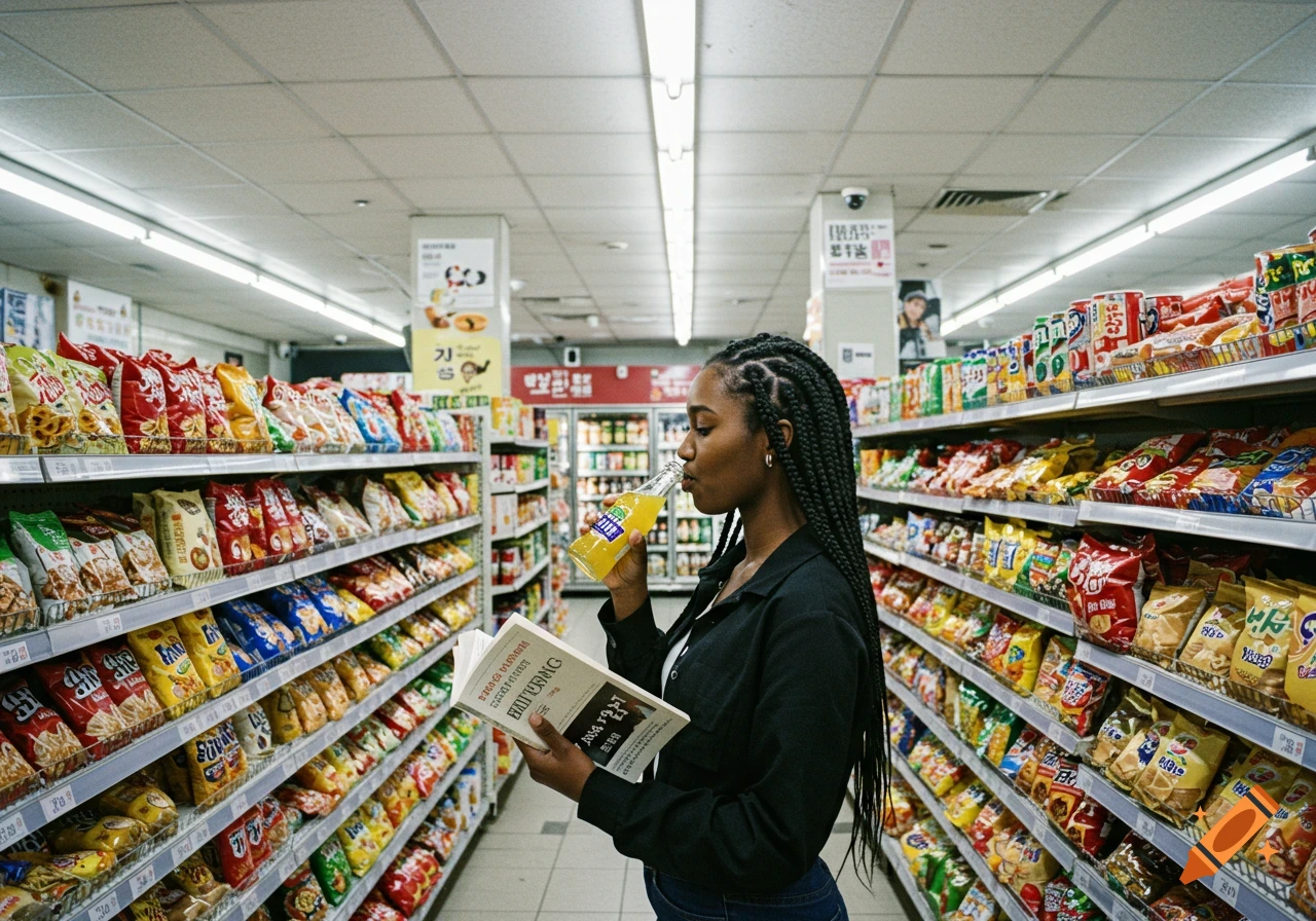 A woman reads a book and drinks a soda in a Korean mini-mart. on Craiyon