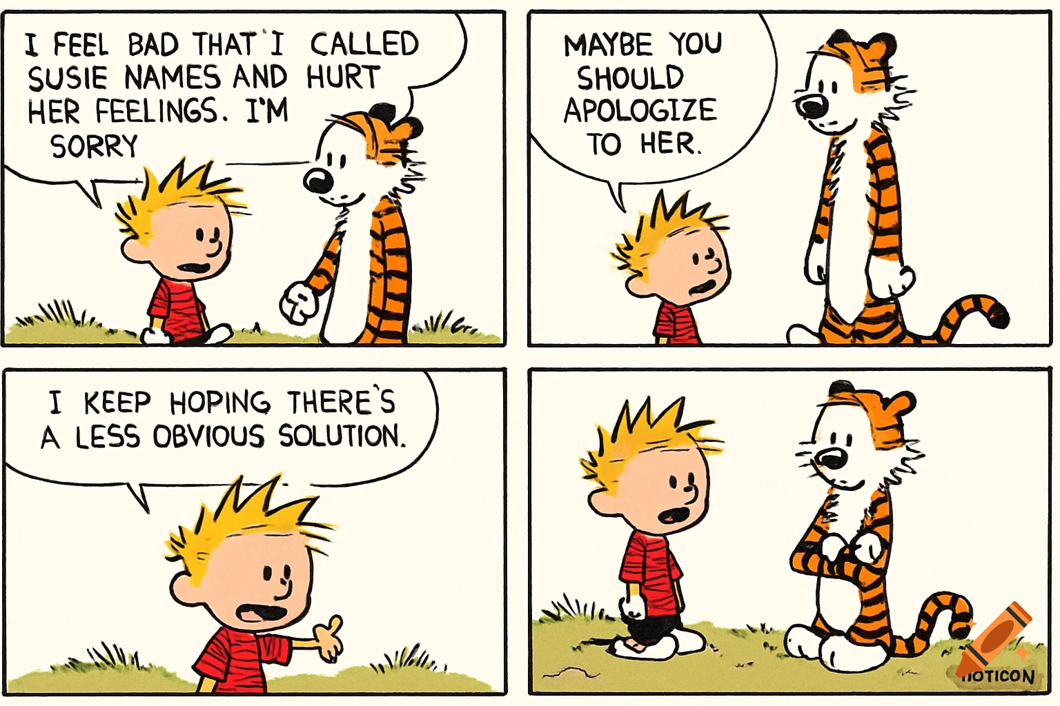 A four-panel Calvin and Hobbes comic strip where Calvin and Hobbes ...