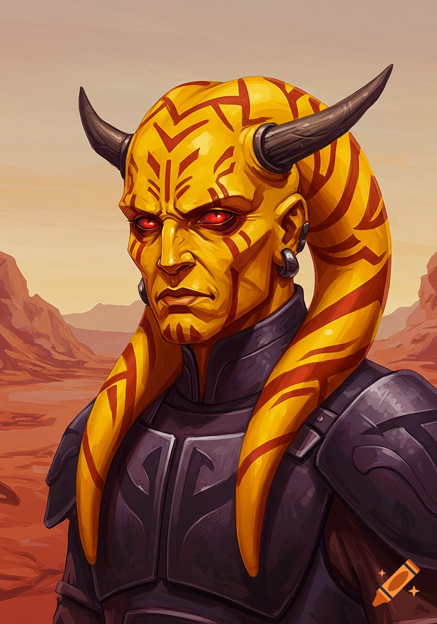 Portrait of a yellow alien character with horns, red eyes, and markings ...