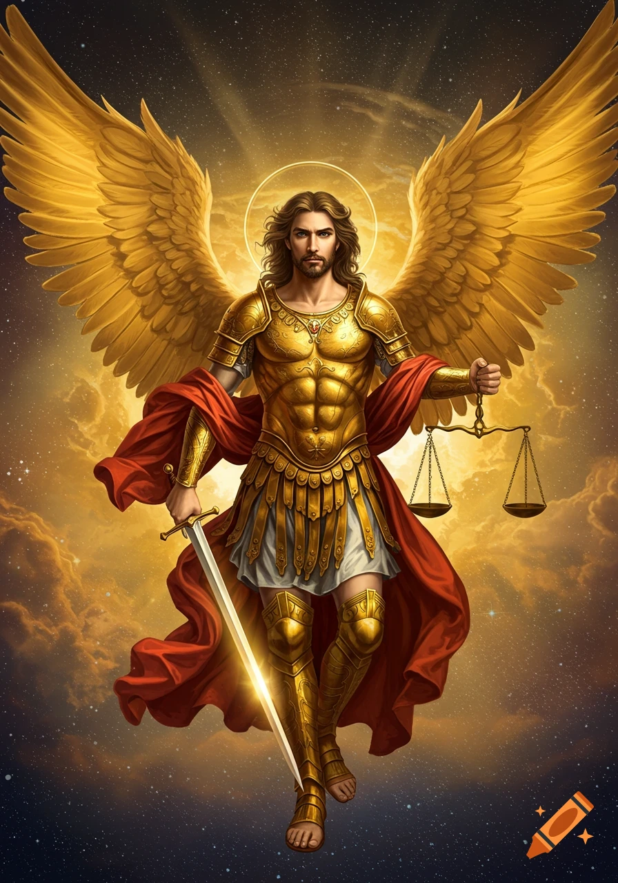 Archangel Michael in golden armor holds a sword and scales, with large ...