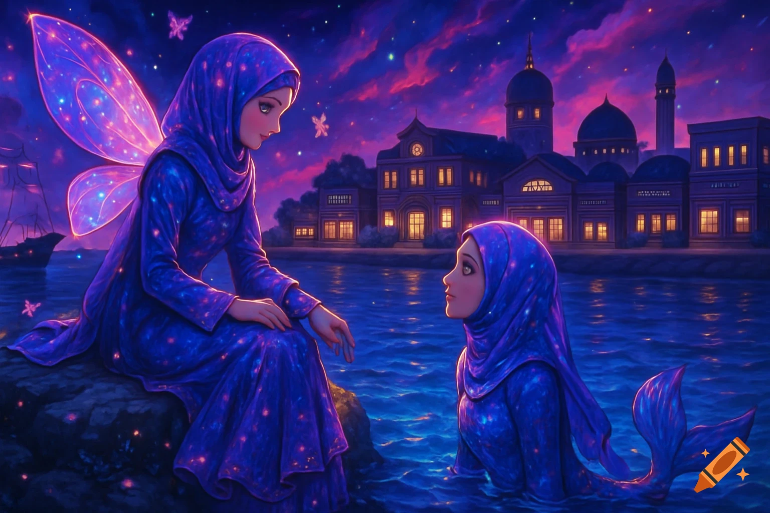 A glowing fairy in a hijab sits on a rock talking to a mermaid in a ...
