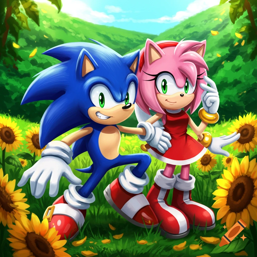 Sonic and Amy Rose stand in a field of sunflowers in a colorful cartoon ...