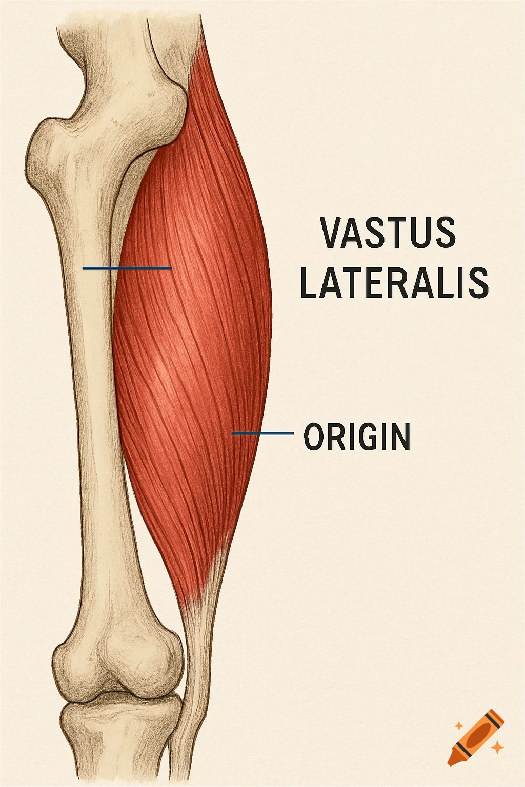 Illustration of leg anatomy showing the vastus lateralis muscle and ...