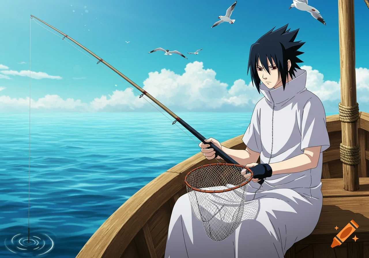 Anime character Sasuke fishing from a boat on the ocean. on Craiyon