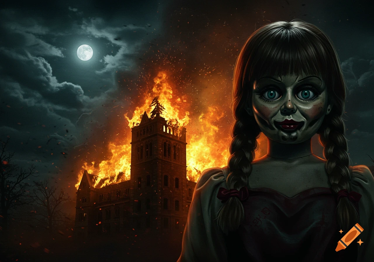 A creepy Annabelle doll in the foreground with a large burning building ...