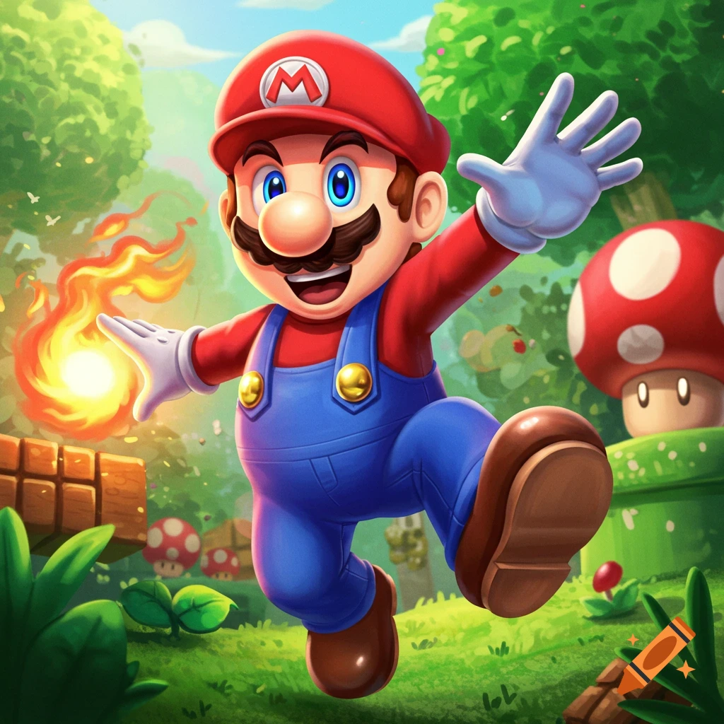Mario jumps in a vibrant game-like forest, shooting a fireball. Classic ...