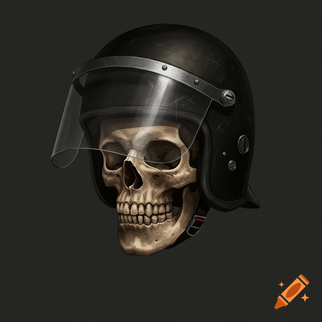 A skull wearing a black riot helmet with a clear visor, illustration ...