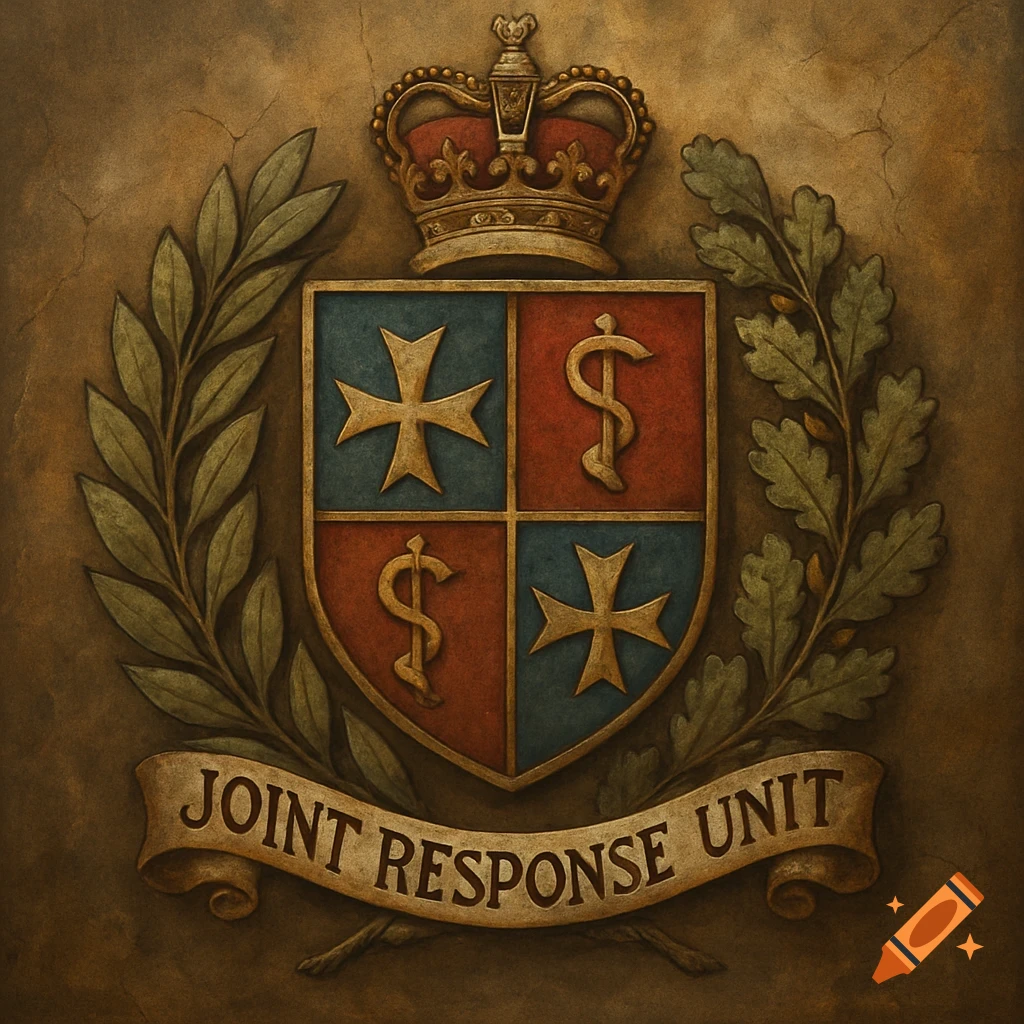 A vintage-style painted crest with a crown, shields, and a banner ...