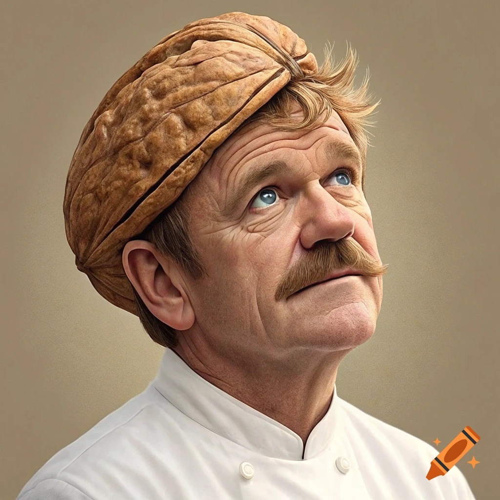 Close-up of a man wearing a chef jacket and a walnut shell as a turban, looking up. on Craiyon