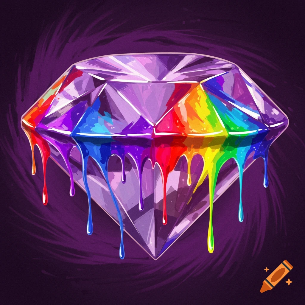 A purple diamond with rainbow paint dripping from it, against a dark purple background. Digital ...
