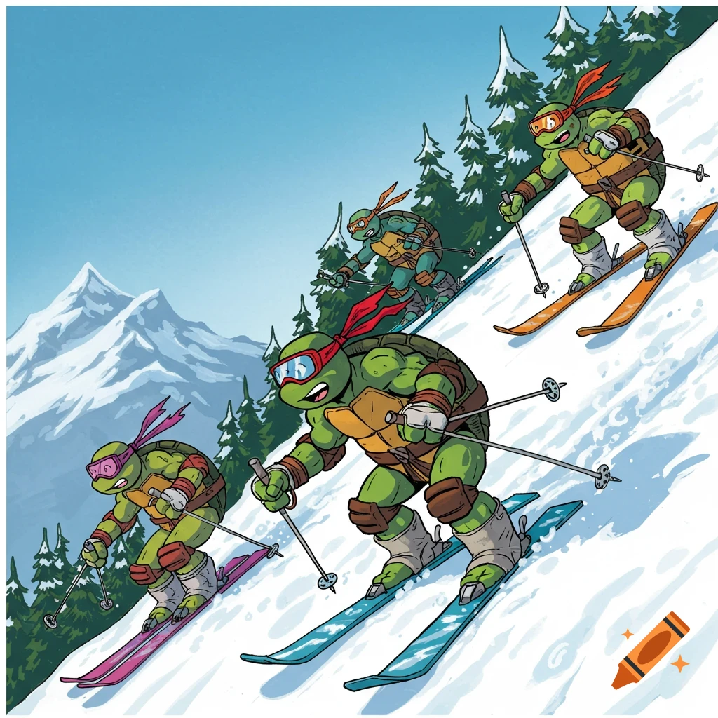 Four Teenage Mutant Ninja Turtles ski down a snowy mountain in a ...