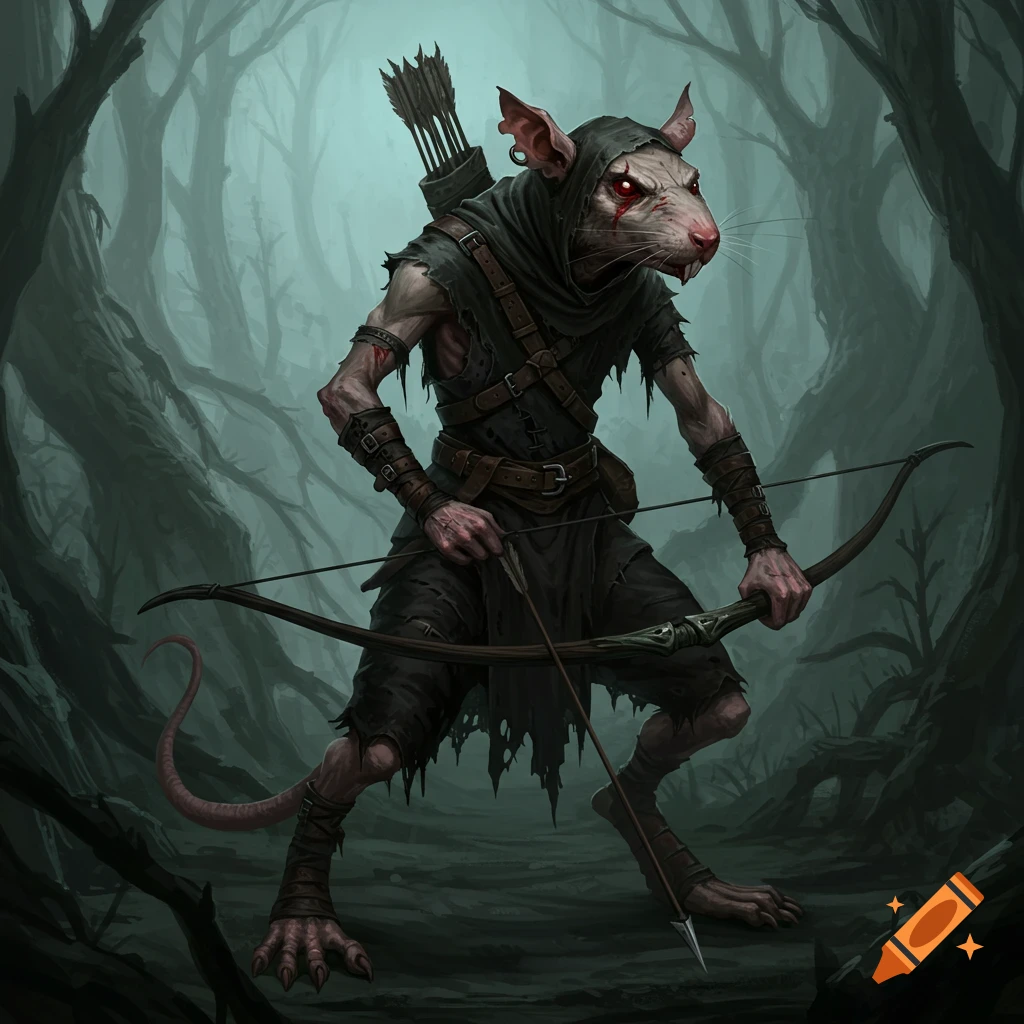 Ratfolk ranger with a bow in a dark, misty forest. on Craiyon