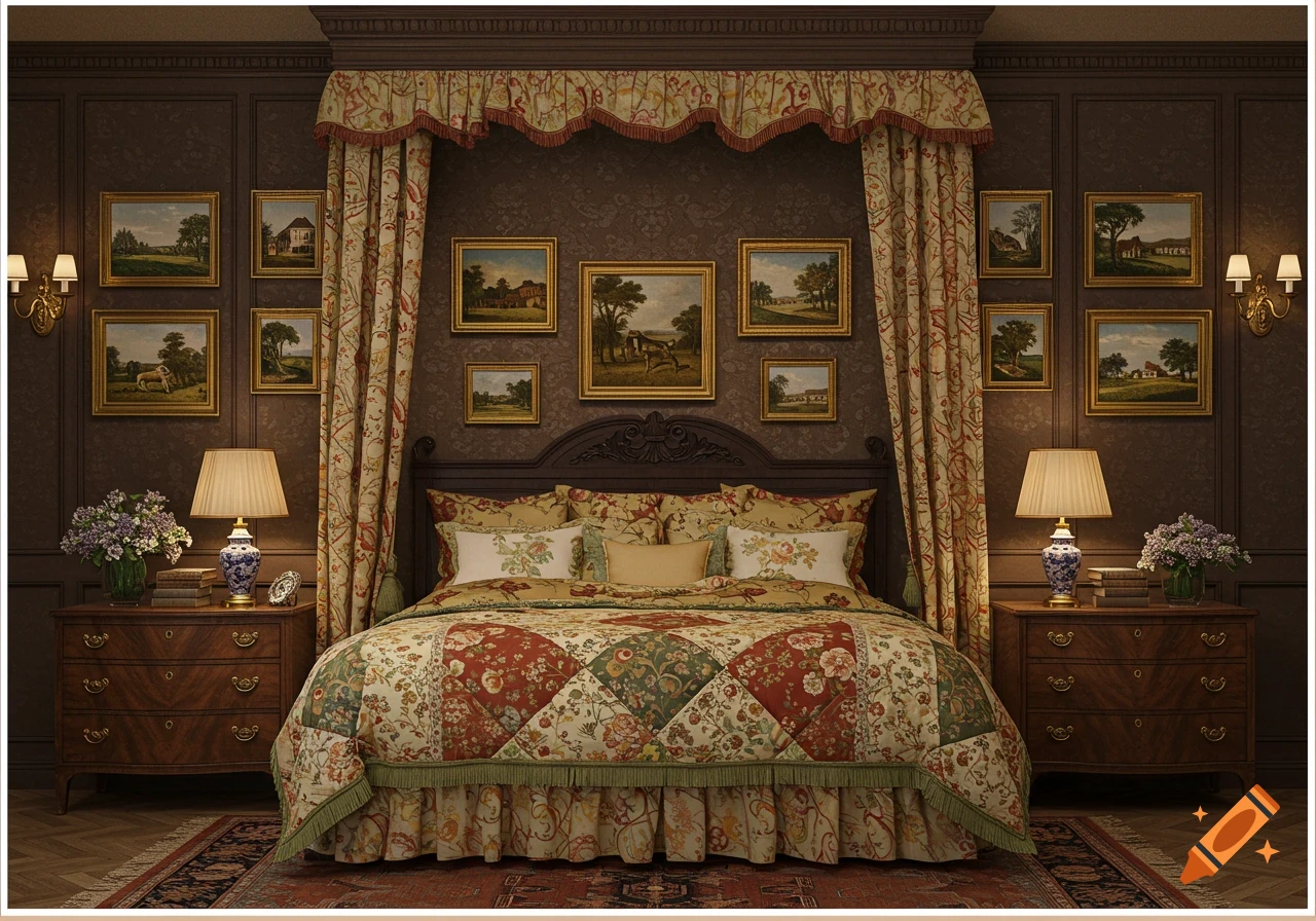 A luxurious bedroom interior in the style of an English hunting manor with dark wood furniture ...