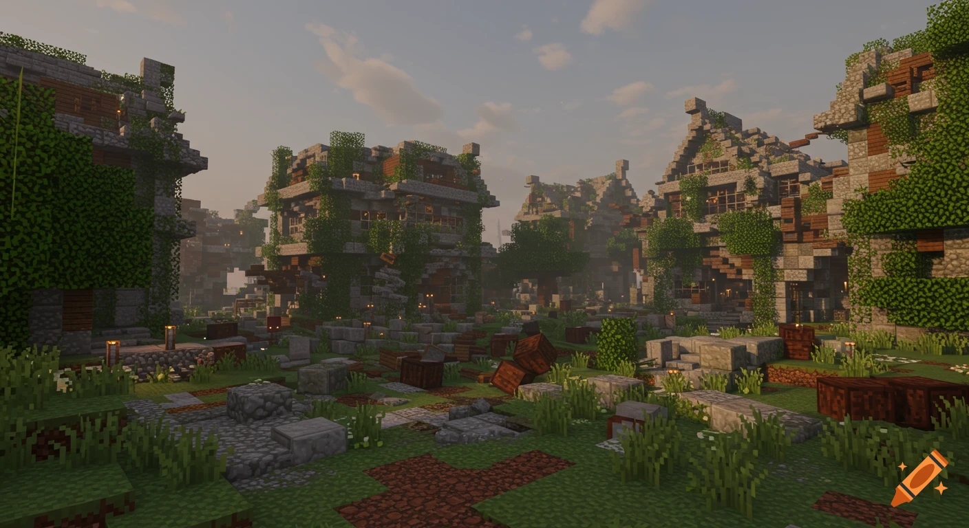 A blocky, post-apocalyptic Minecraft village with crumbling stone buildings overgrown with green ...