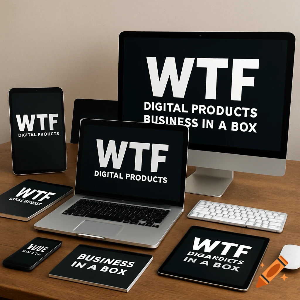 Desk with monitor, laptop, tablets, phone displaying 'WTF Digital ...