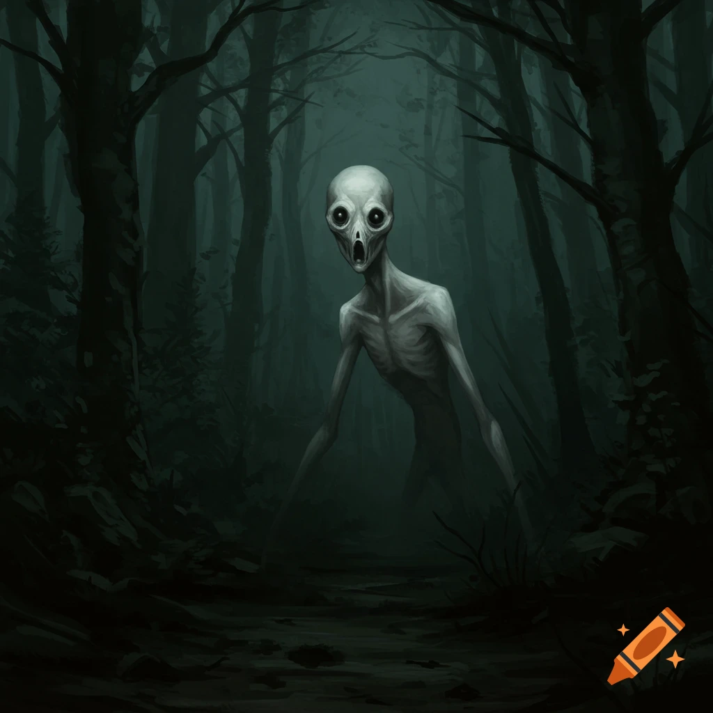 A creepy, pale creature with wide eyes and mouth stands in a dark ...