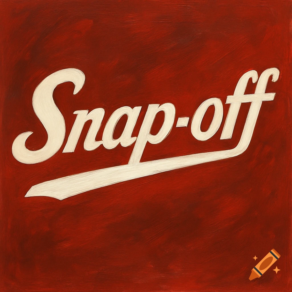 The text 'Snap-off' in white script on a red painted background ...