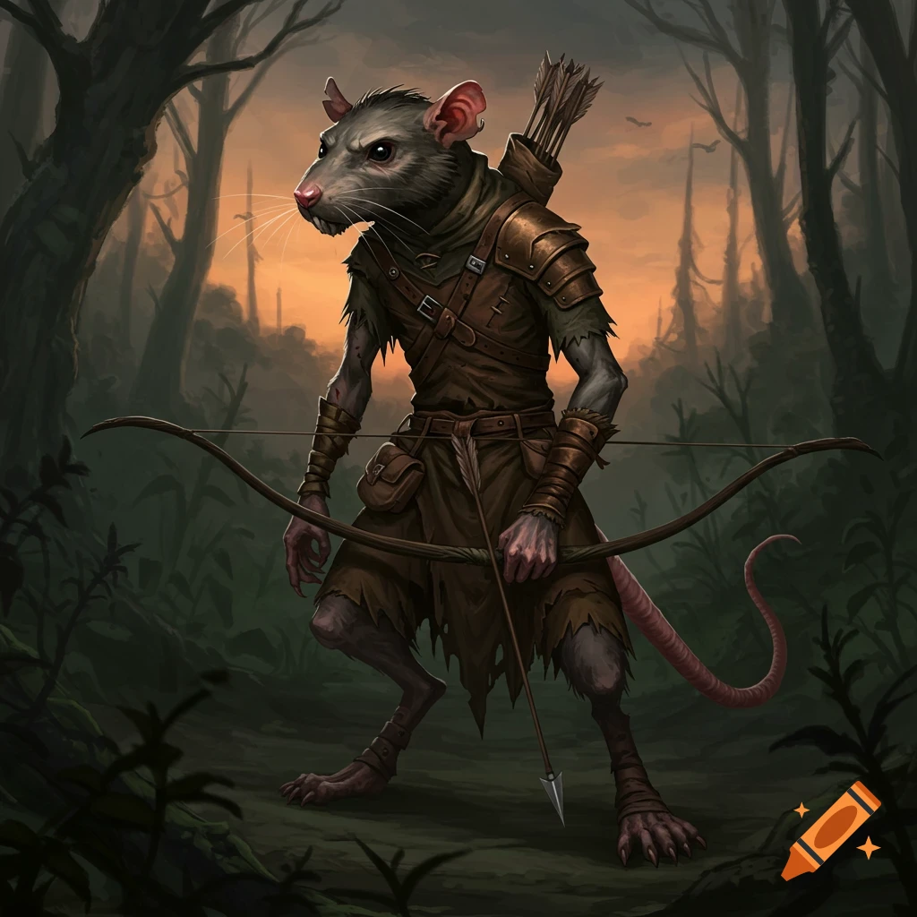 A ratfolk ranger stands in a forest holding a bow and arrow. on Craiyon