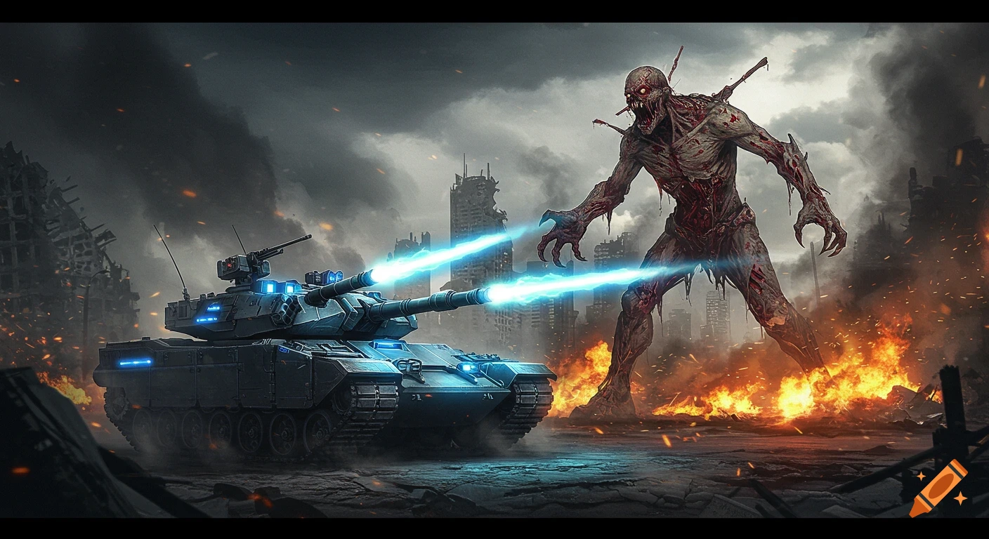 A futuristic tank fires blue energy beams at a colossal zombie monster ...