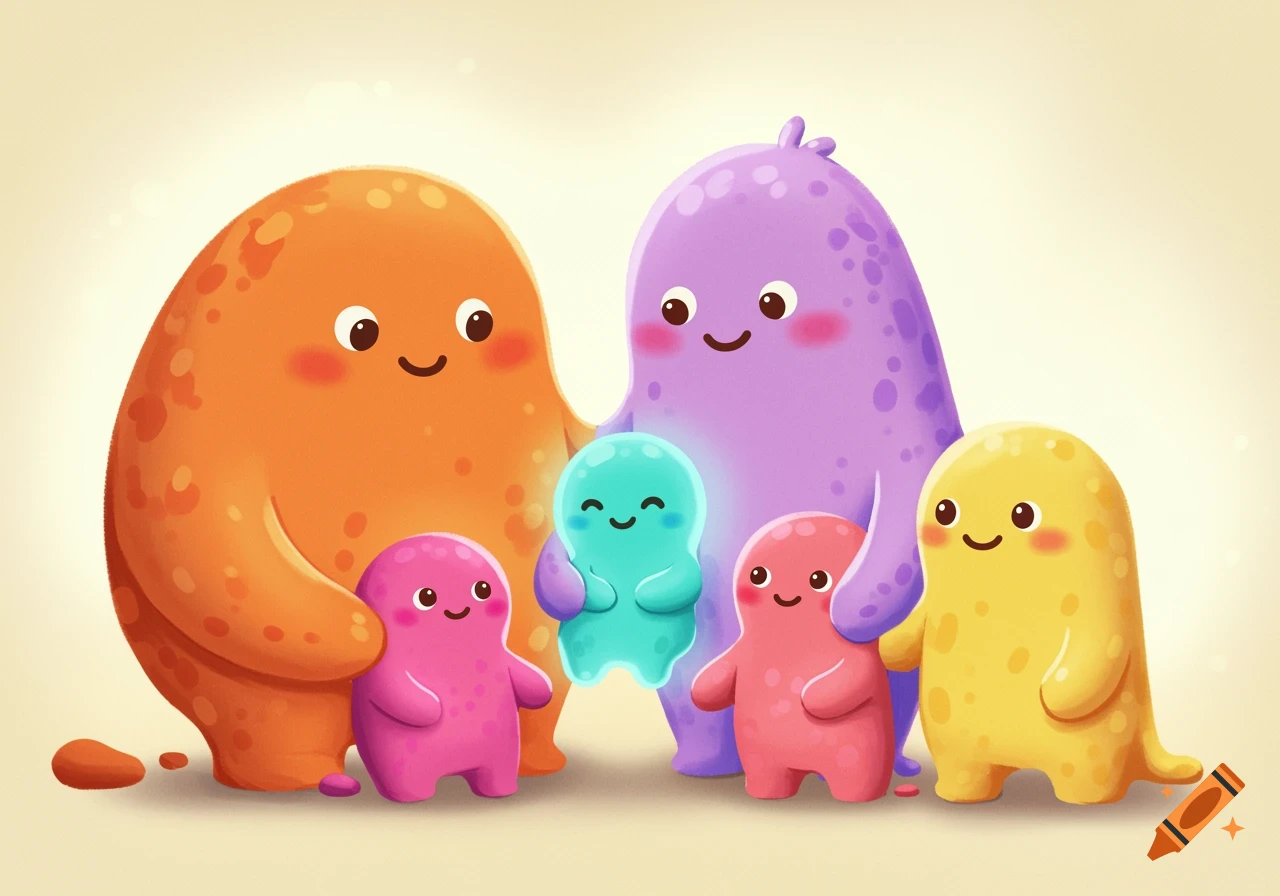 A cartoon illustration of a family of colorful blob monsters standing ...